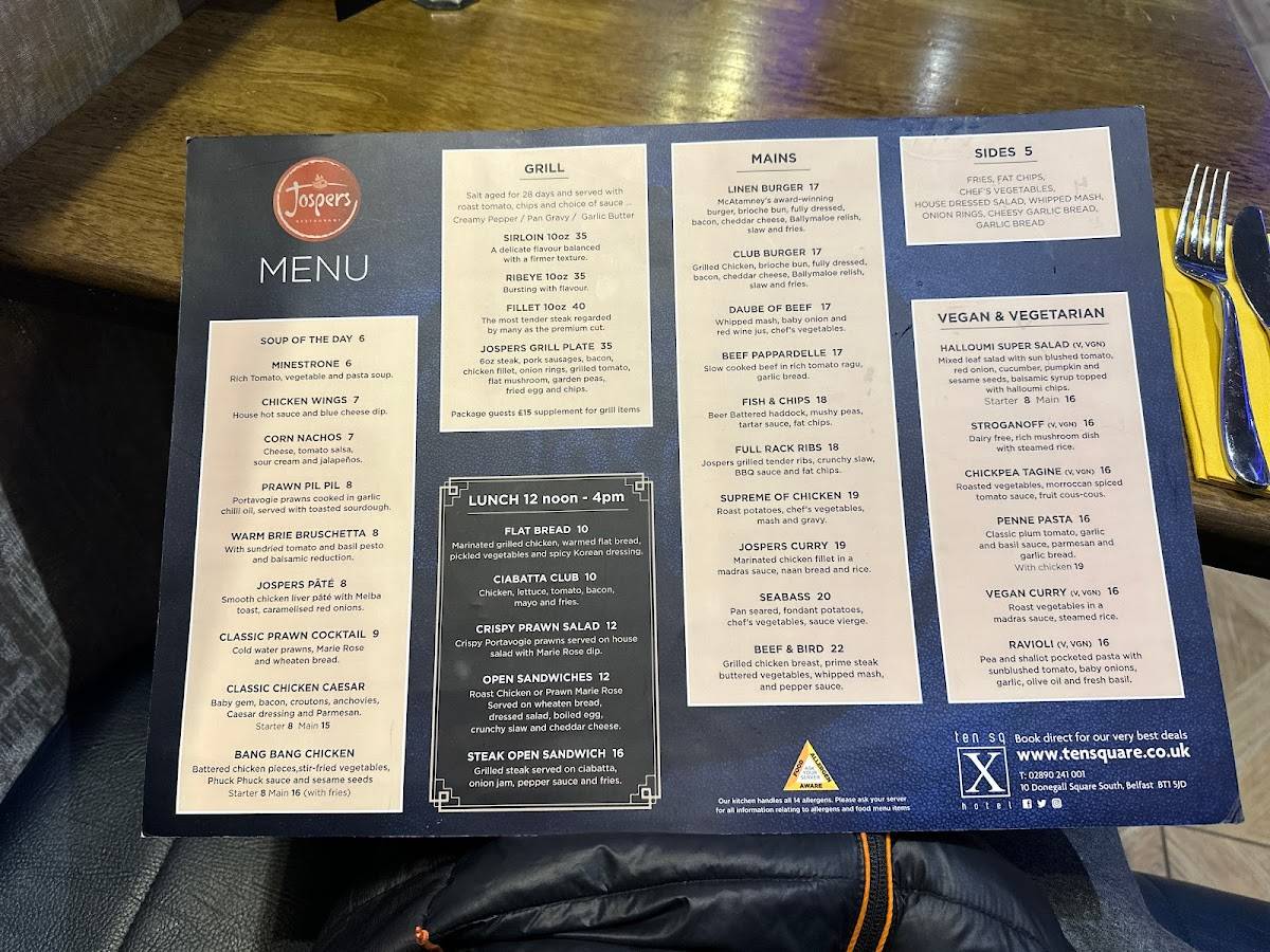 Menu at Jospers Steakhouse @ Ten Square, Belfast