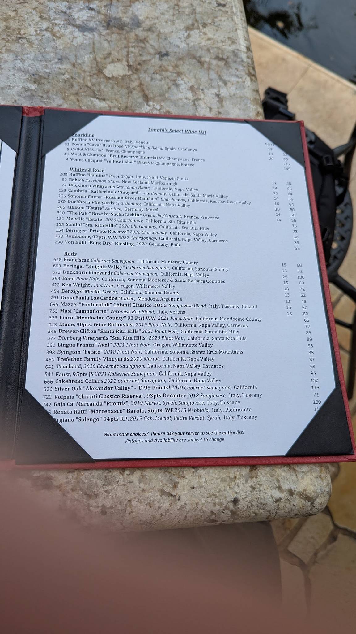 Menu at Longhi's Ko Olina steakhouse, Kapolei