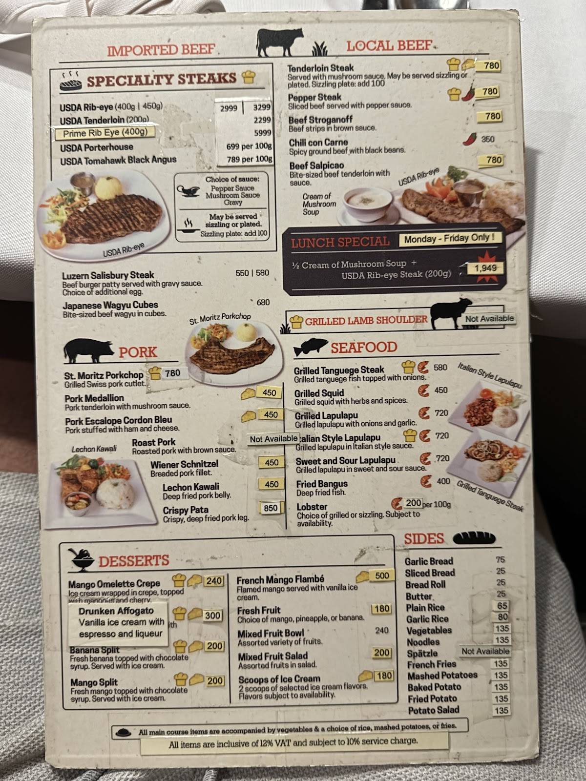 Menu at Luzern Steakhouse, Cebu City