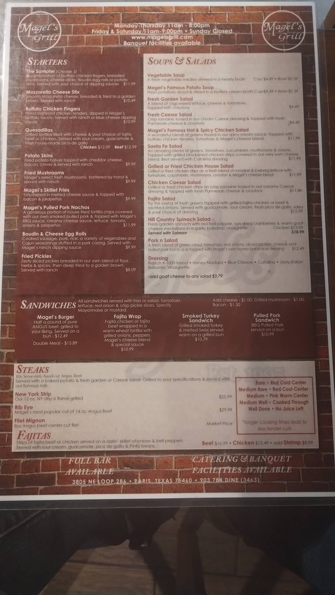 Menu at Magel's Grill steakhouse, Paris