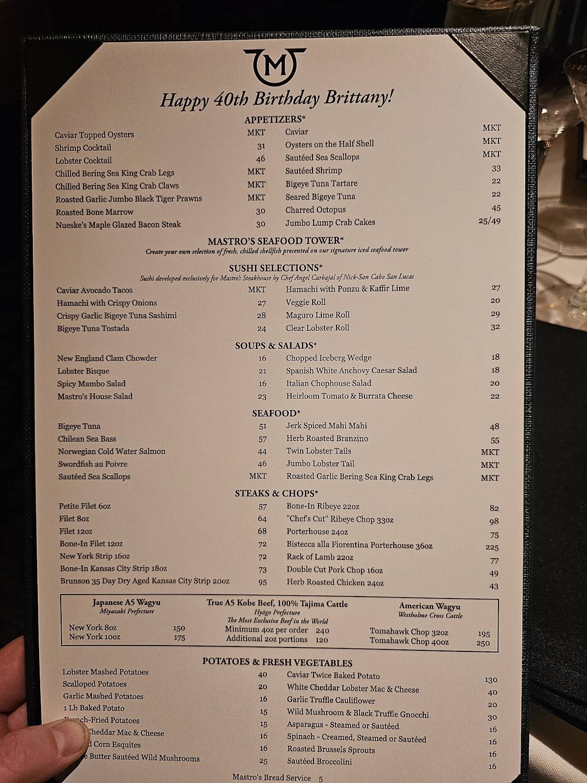 Menu at Mastro's Ocean Club, Newport Beach