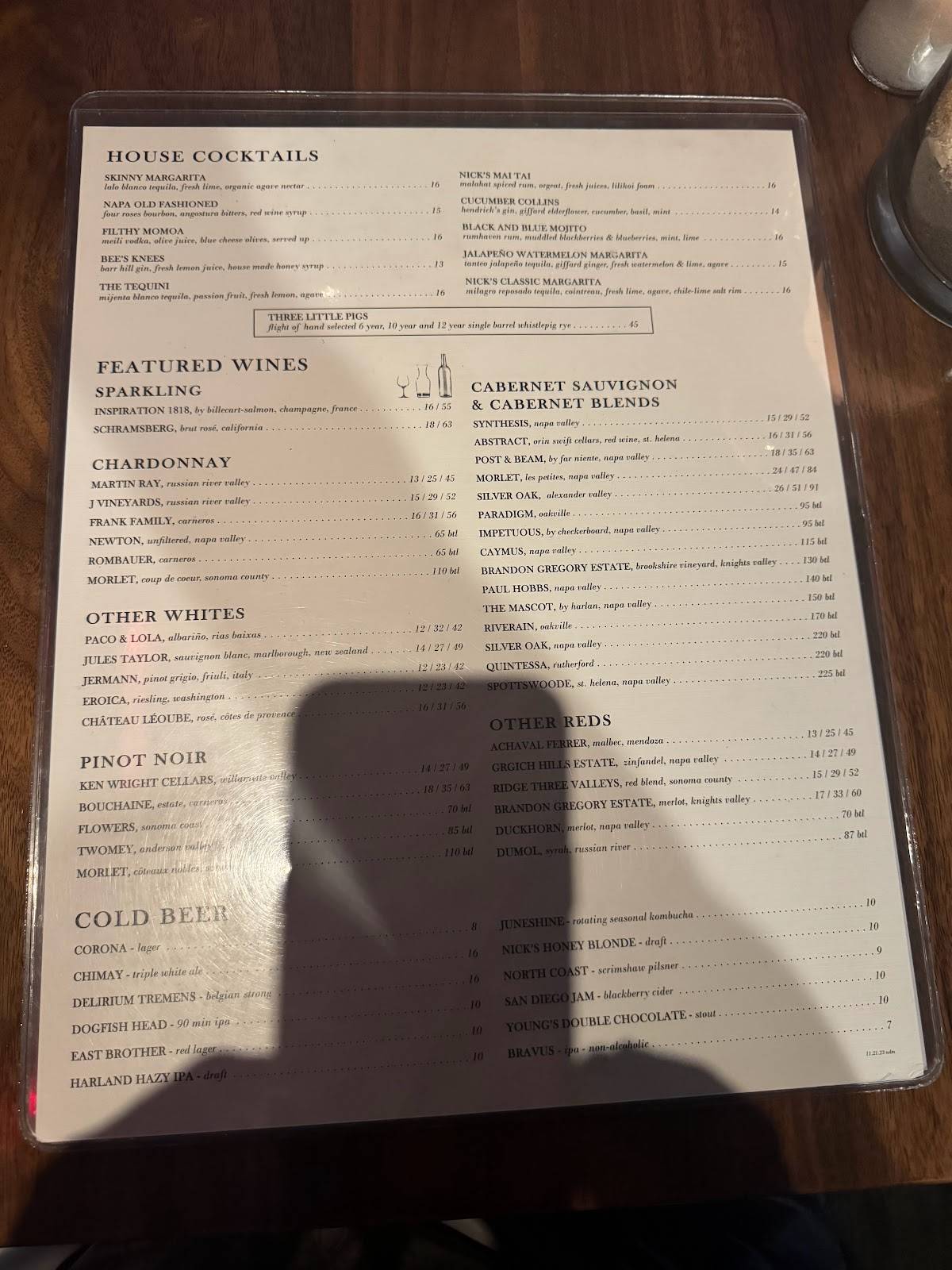 Menu at Nick's Del Mar steakhouse, Del Mar