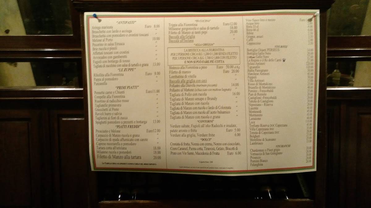 Menu at Perseus steakhouse, Florence
