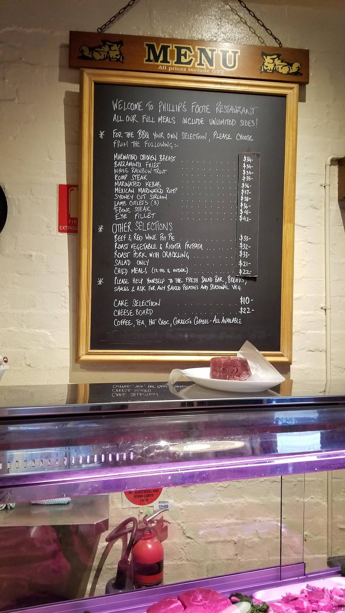 Menu at Phillip's Foote steakhouse, The Rocks