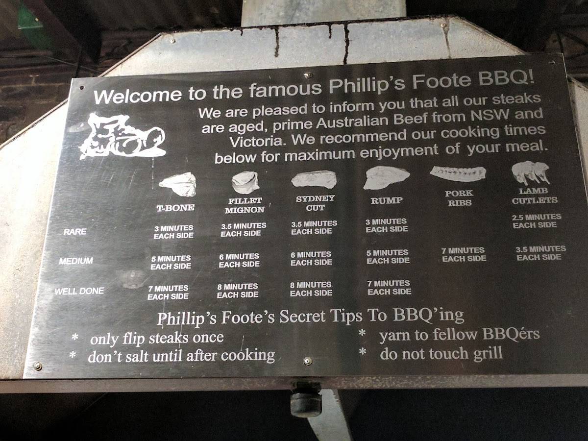 Menu at Phillip's Foote steakhouse, The Rocks