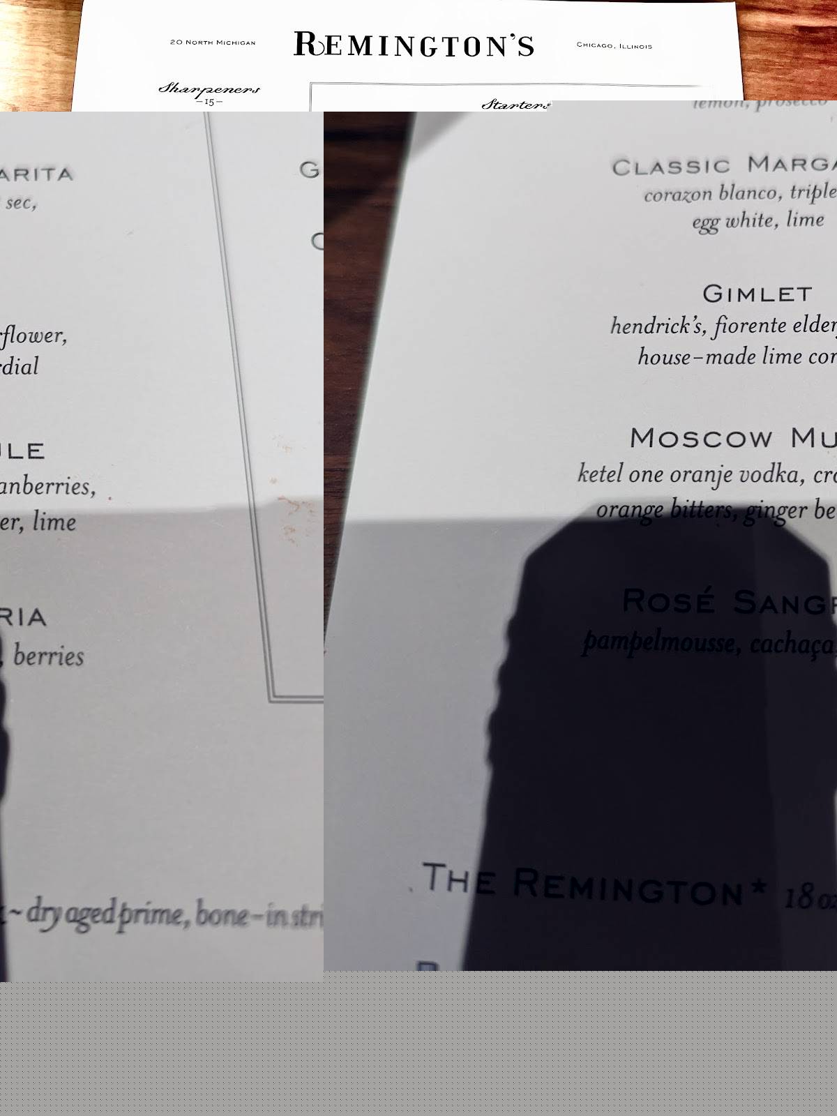 Menu at Remington's steakhouse, Chicago