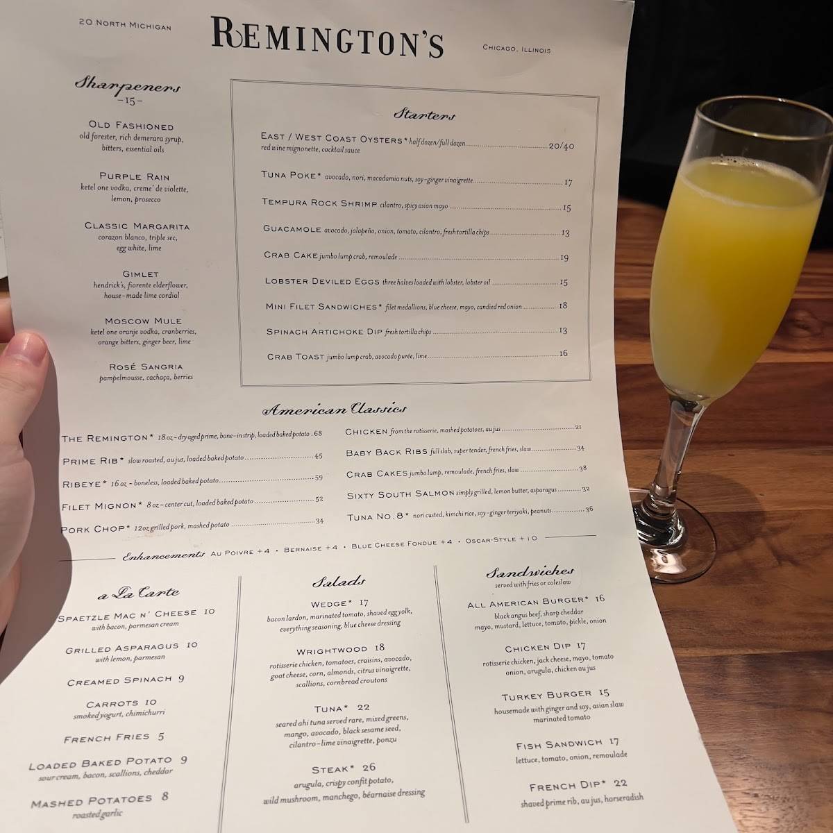 Menu at Remington's steakhouse, Chicago