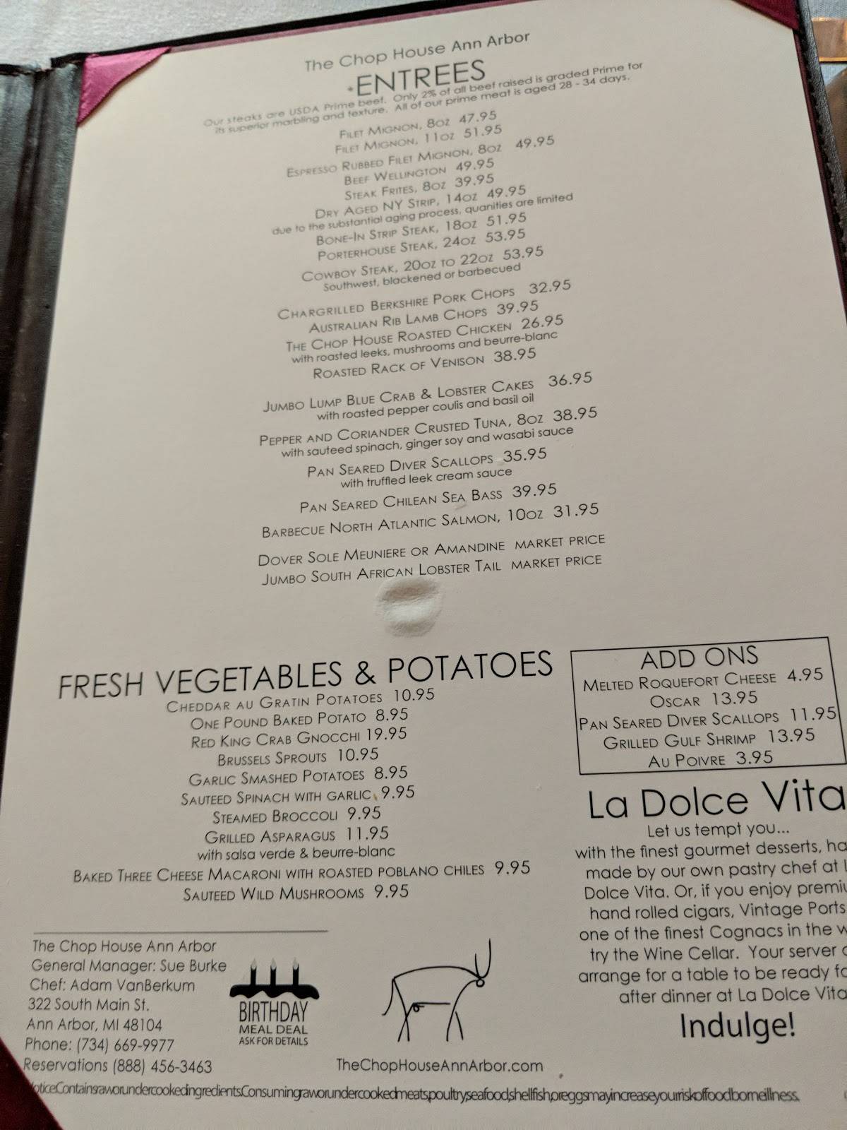 Menu at The Chop House Ann Arbor steakhouse, Ann Arbor