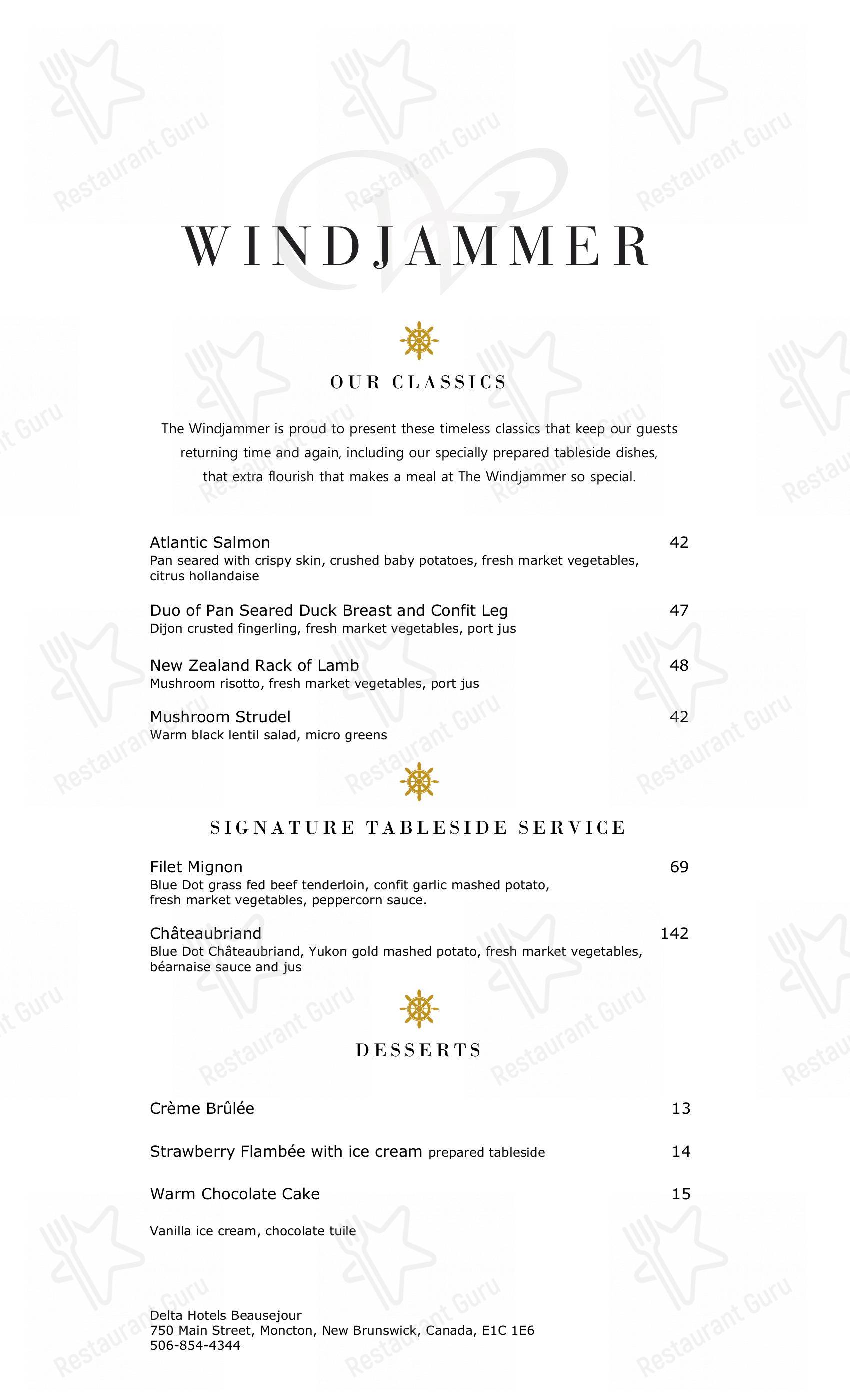 Menu at Windjammer steakhouse, Moncton