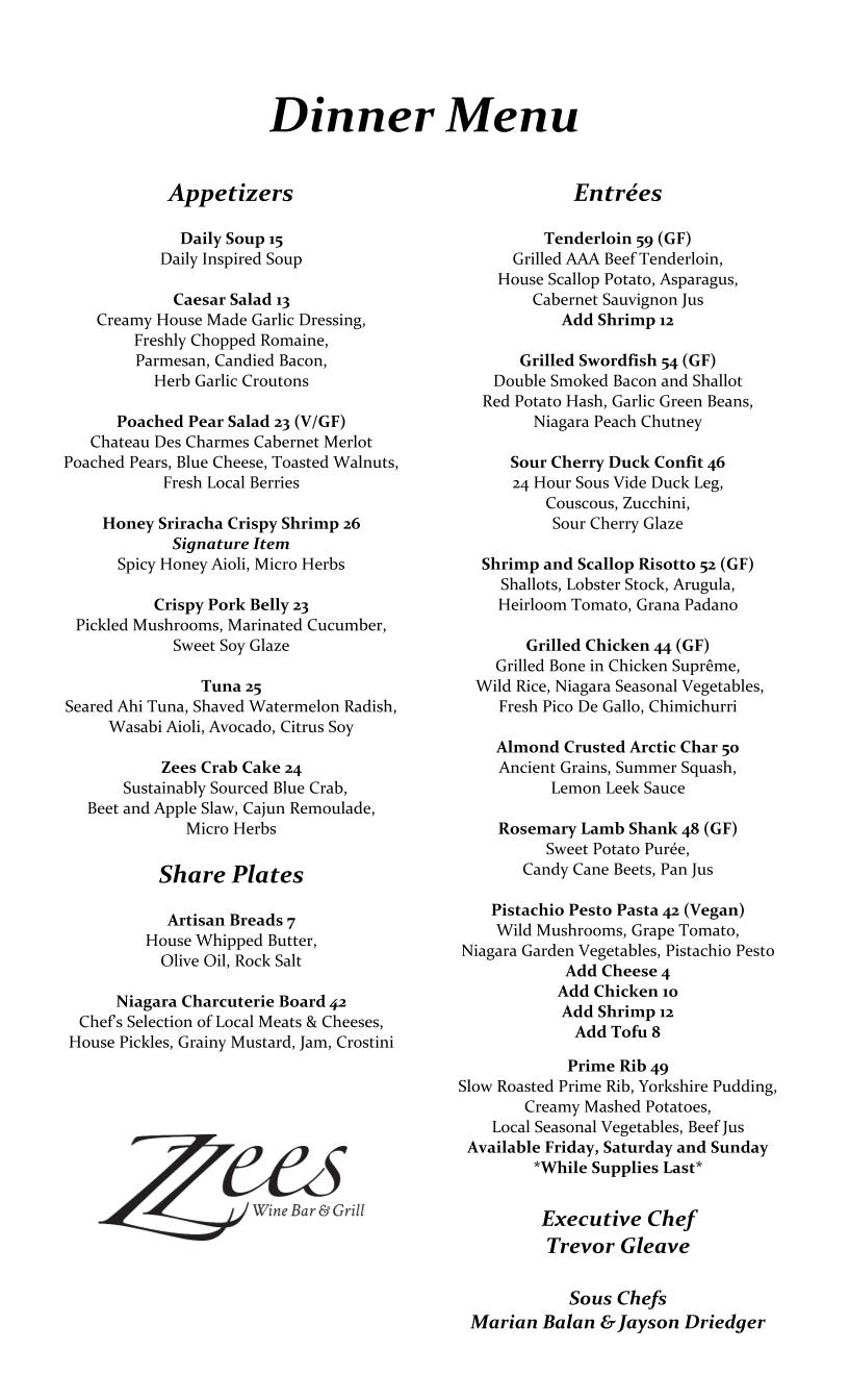 Menu at Zees Wine Bar & Grill, Niagara-on-the-Lake