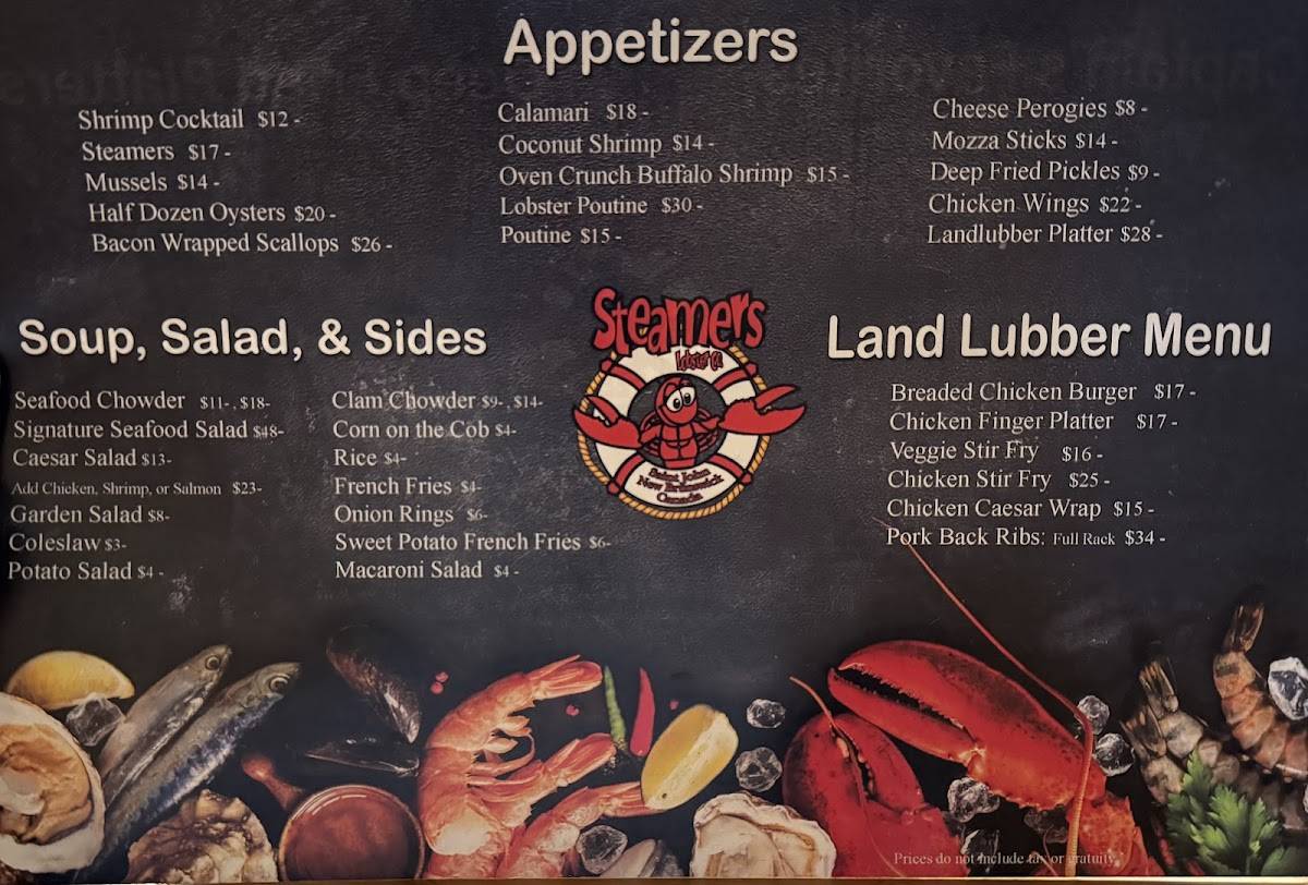Menu at Steamers Lobster Co restaurant, Saint John