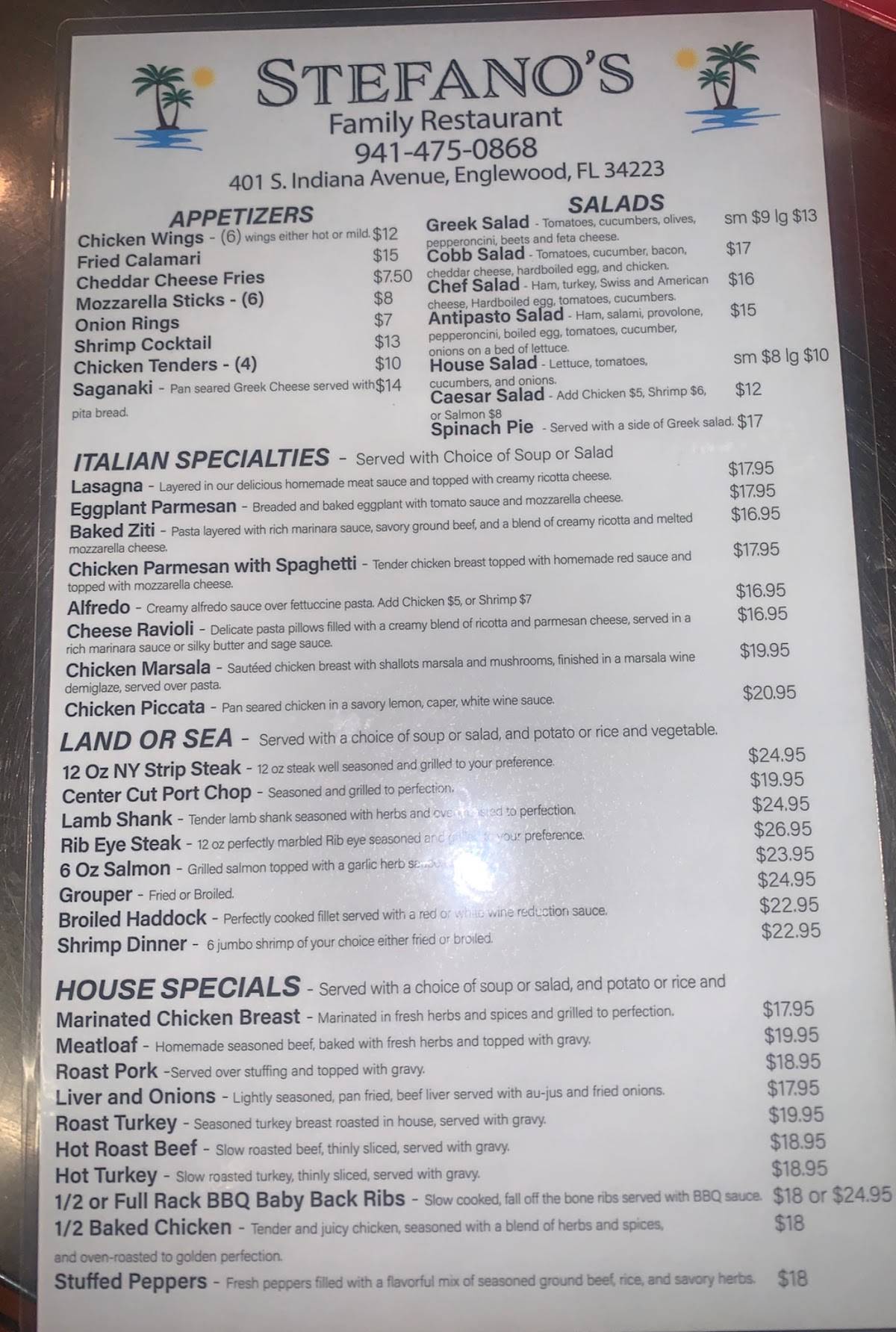 Menu at Stefano's Family Restaurant, Englewood