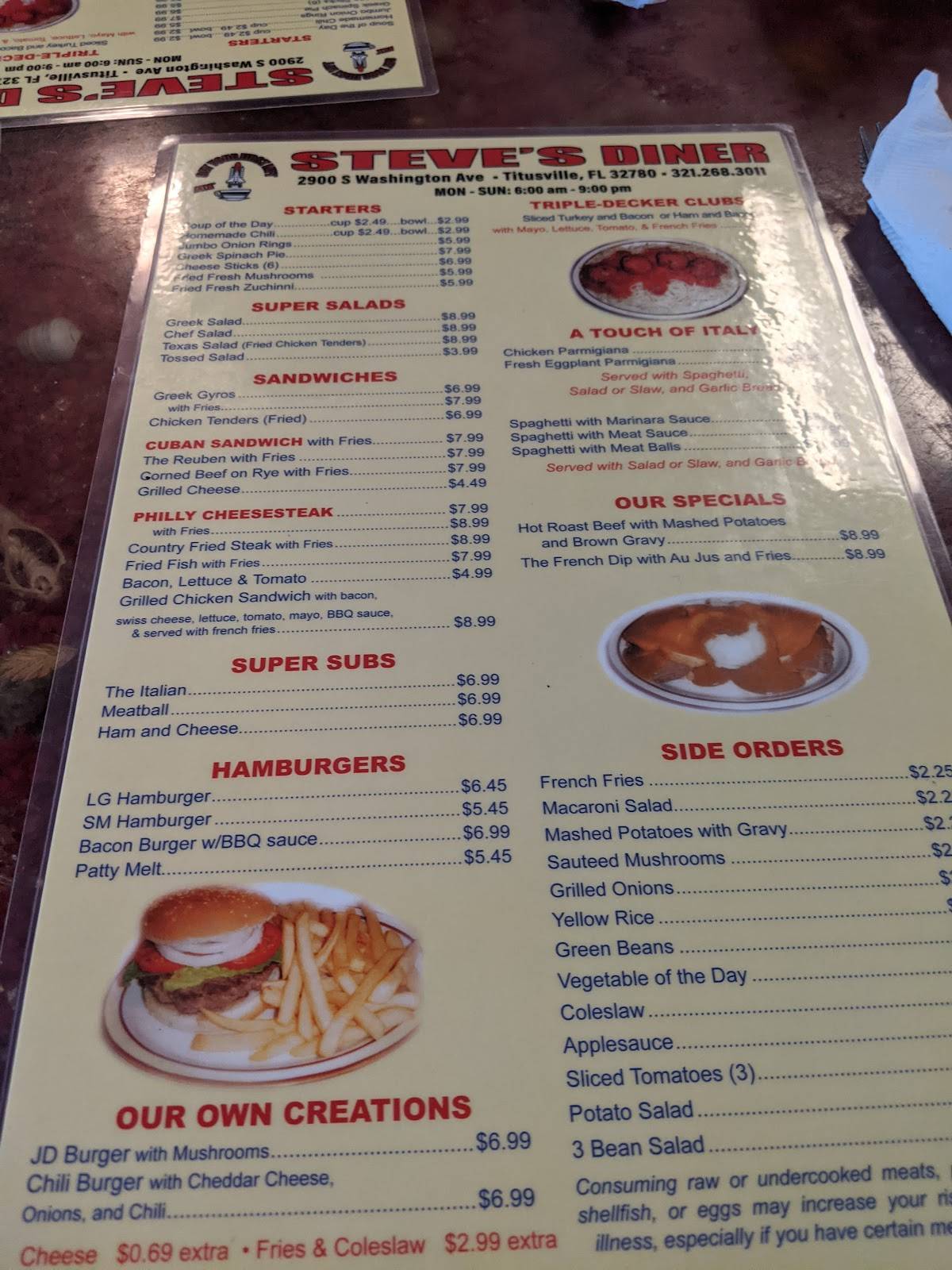 Menu at Steve's Family Diner restaurant, Titusville
