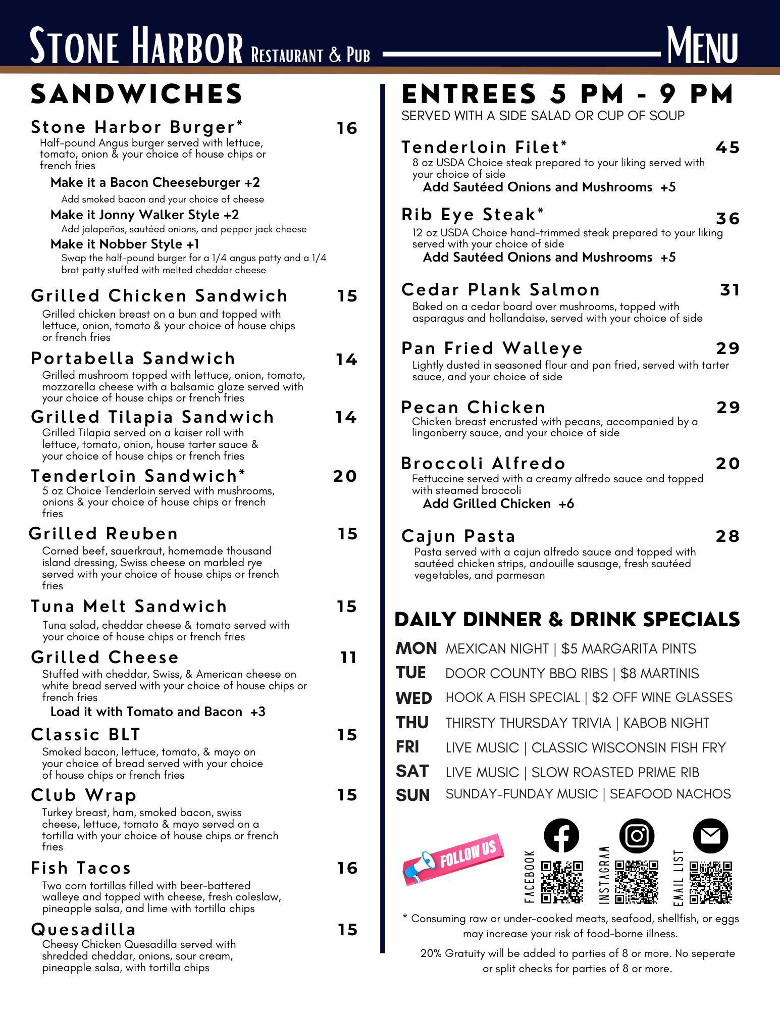 Menu at Stone Harbor pub & bar, Sturgeon Bay
