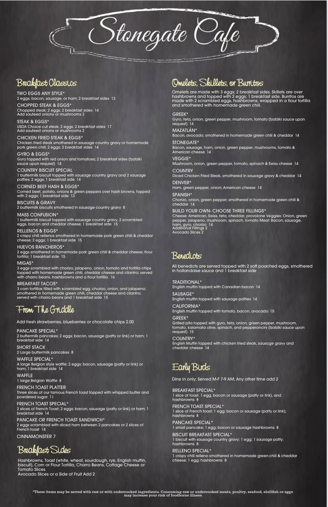 Menu at Stonegate Cafe, Parker