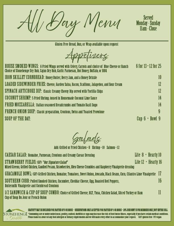 Menu at Stonehenge Grille restaurant, Fairfield Glade, 222 Fairfield Blvd