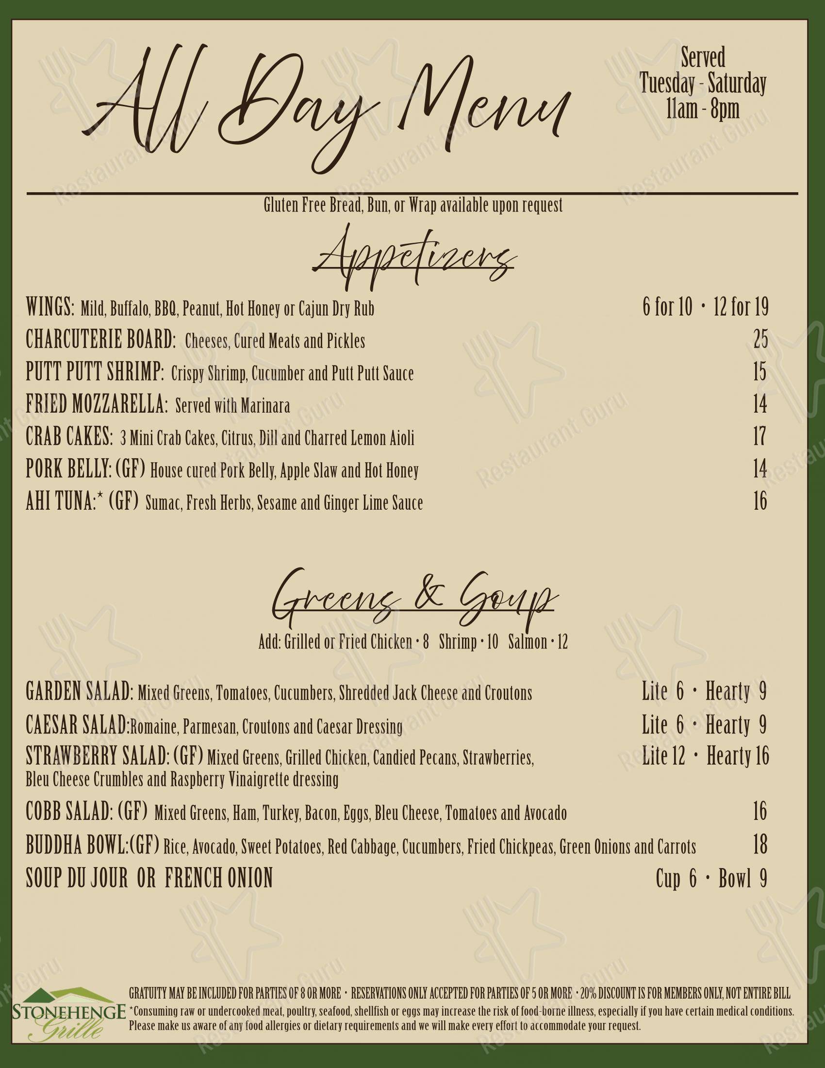 Menu at Stonehenge Grille restaurant, Fairfield Glade, 222 Fairfield Blvd