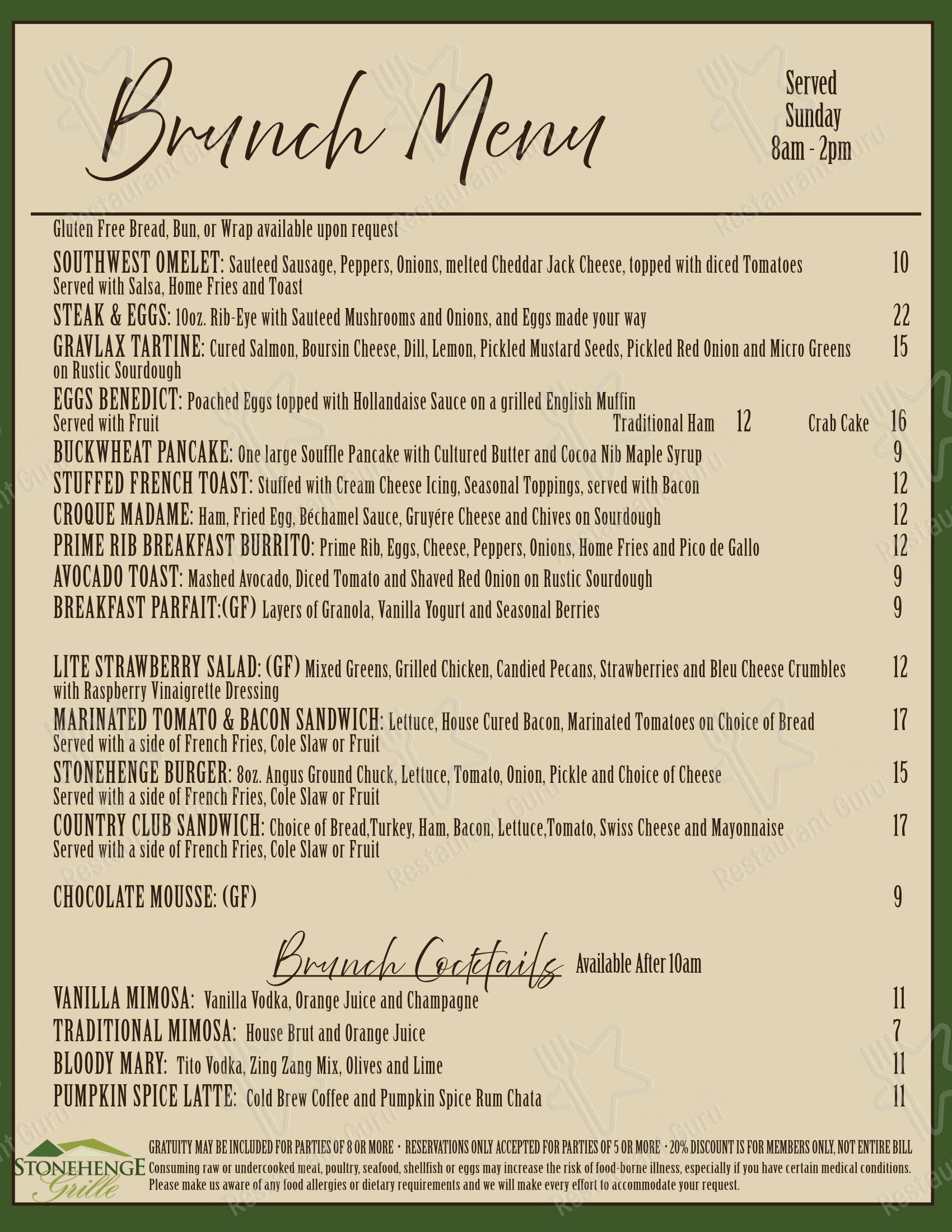 Menu at Stonehenge Grille restaurant, Fairfield Glade, 222 Fairfield Blvd