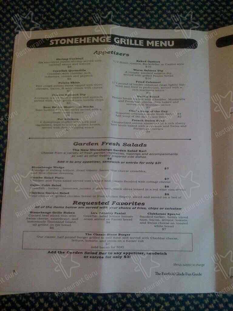 Menu at Stonehenge Grille restaurant, Fairfield Glade, 222 Fairfield Blvd