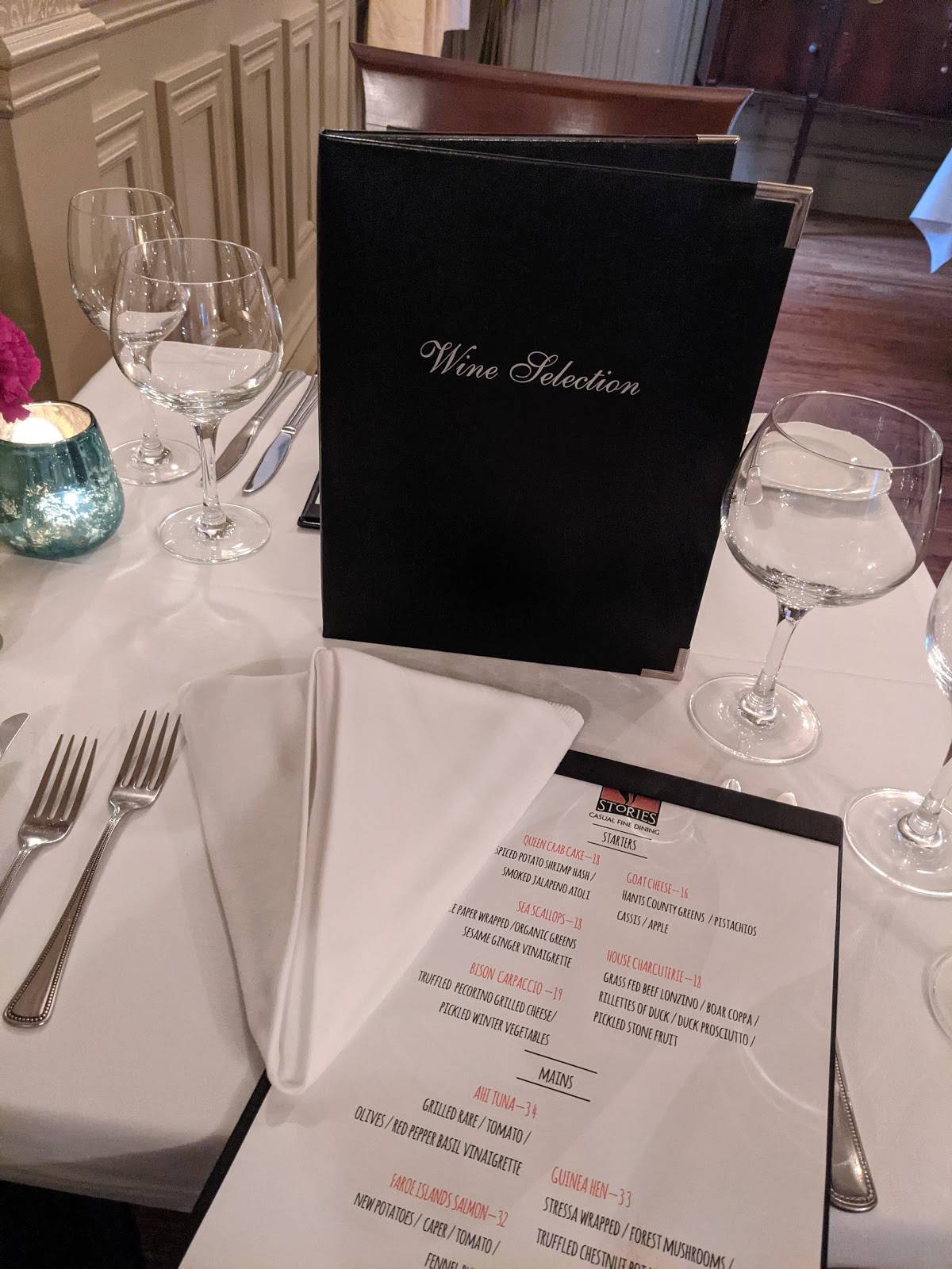 Menu at Stories Fine Dining restaurant, Halifax