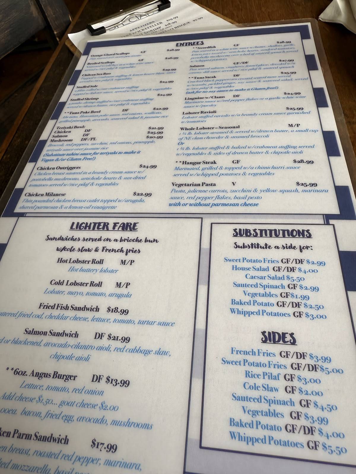 Menu at Outriggers Restaurant, Stratford