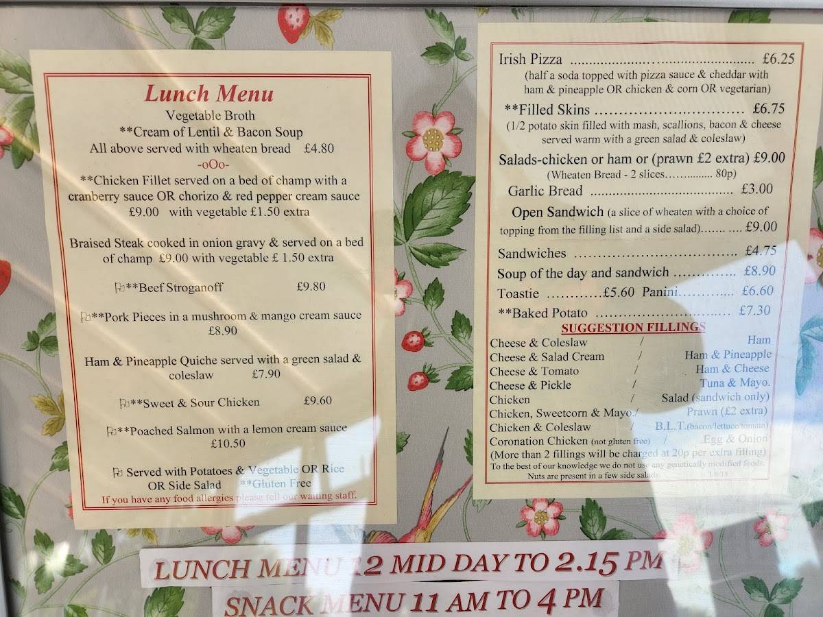 Menu at Strawberry Fayre cafe, Coleraine