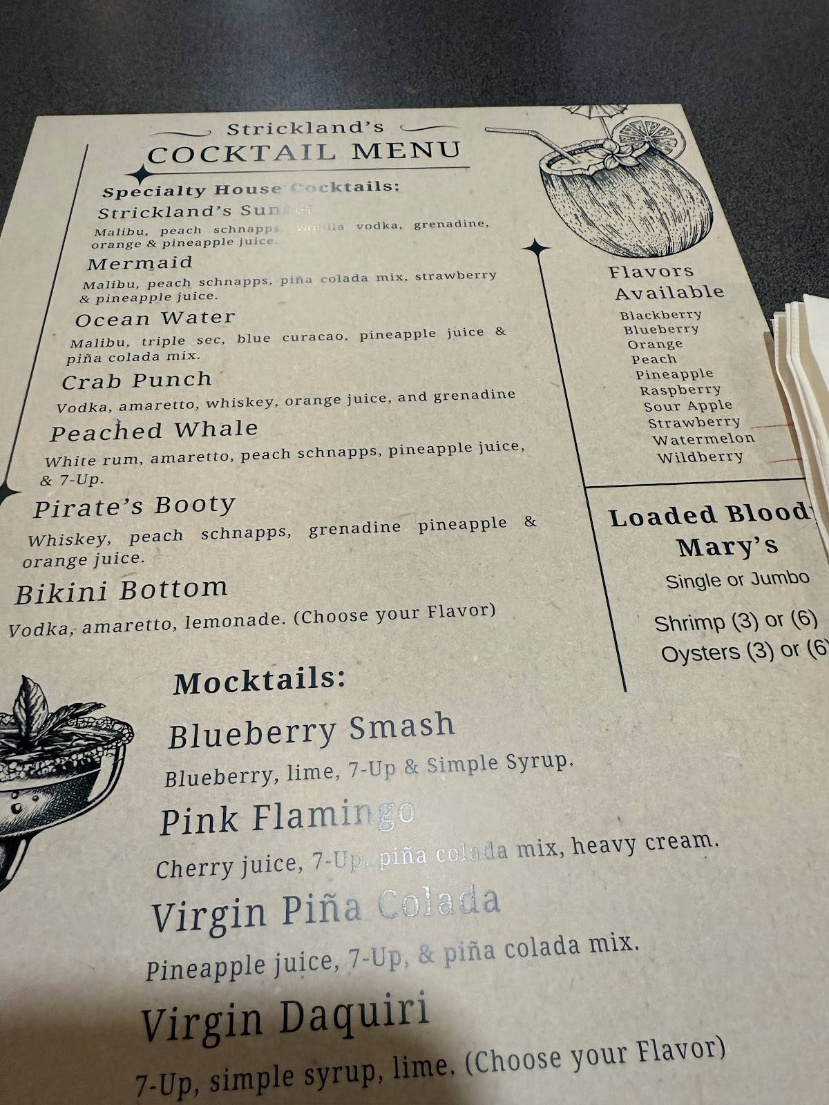 Menu at Strickland's Seafood Restaurant, Paducah
