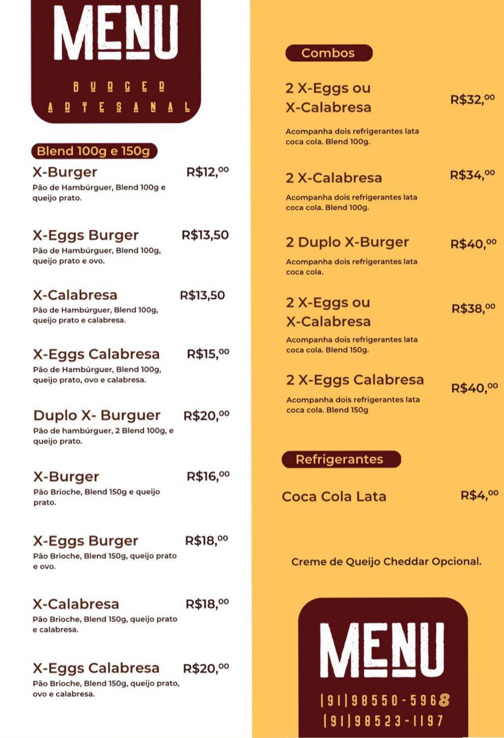 Menu at Su Casa's Burger restaurant, Ananindeua