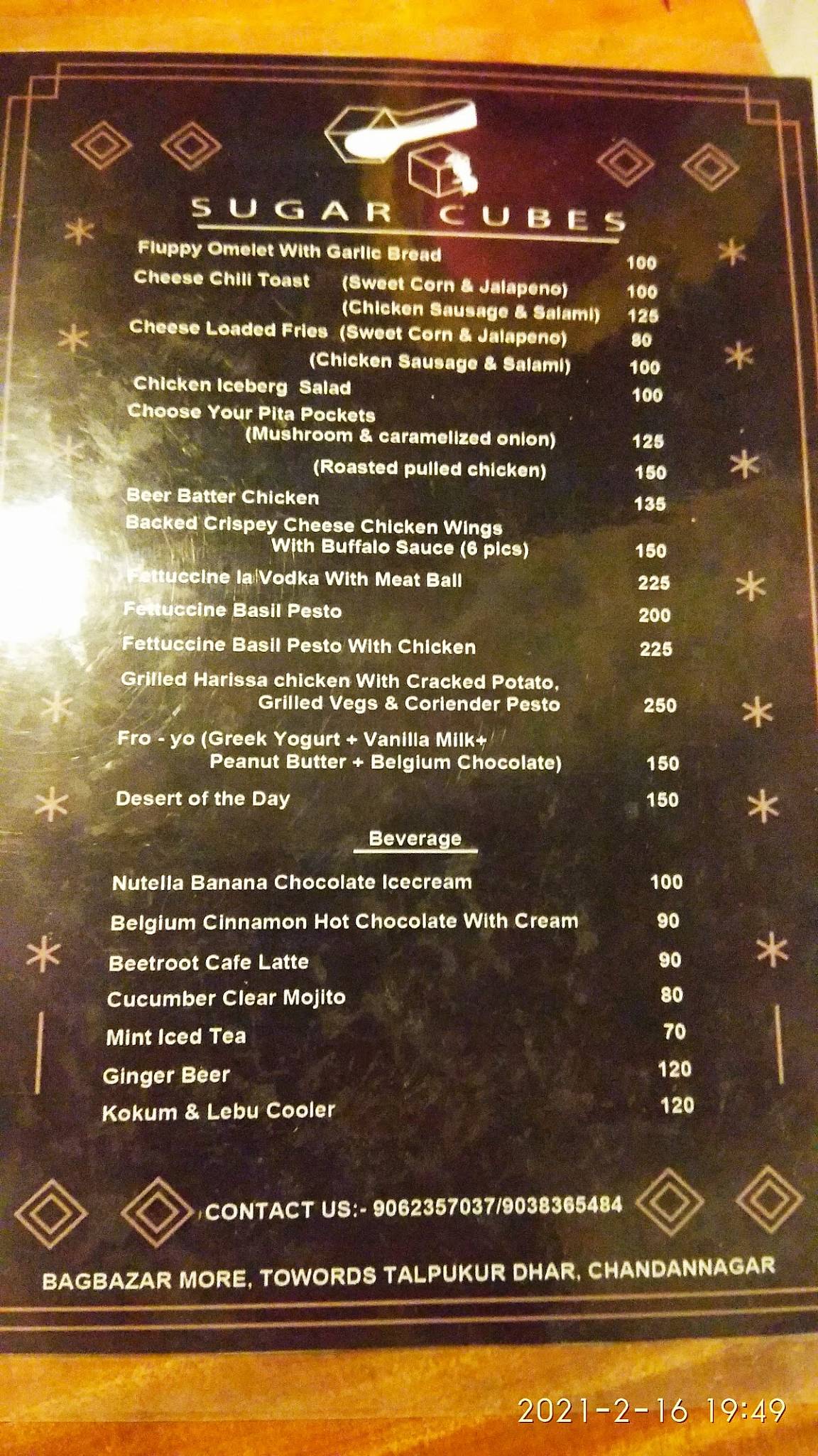 Menu at Sugar Cubes, Chandannagar