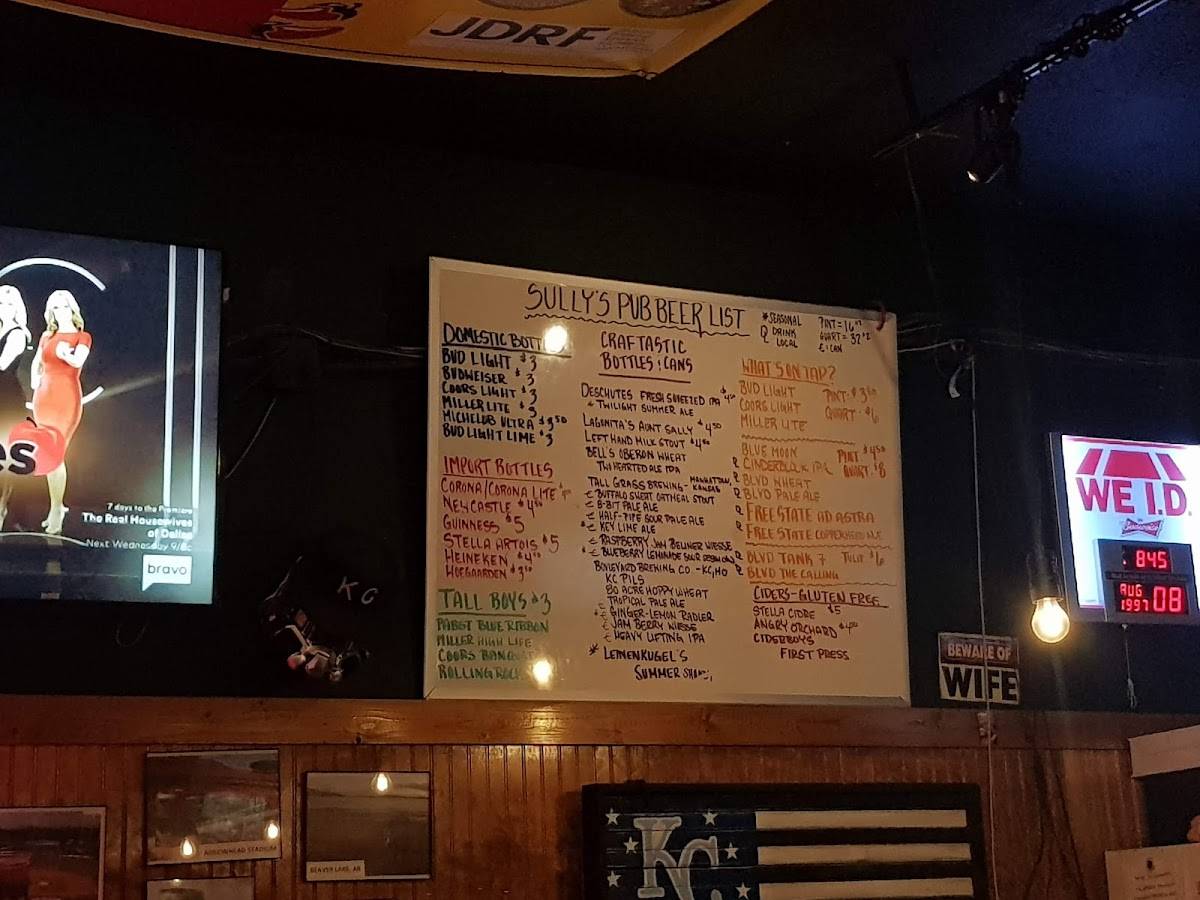 Menu at Sully's Pub, Mission