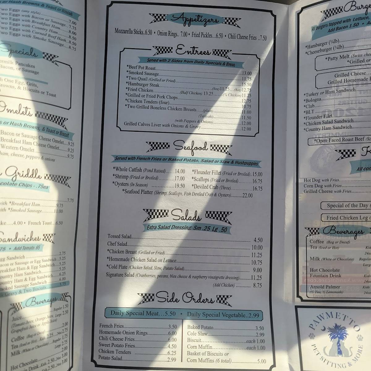 Menu at Summerton Diner restaurant, Summerton