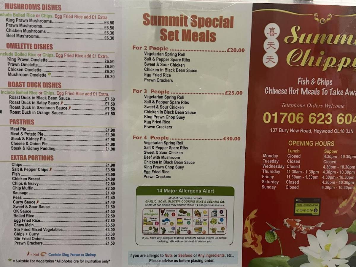 Menu at Summit Chippy restaurant, Heywood
