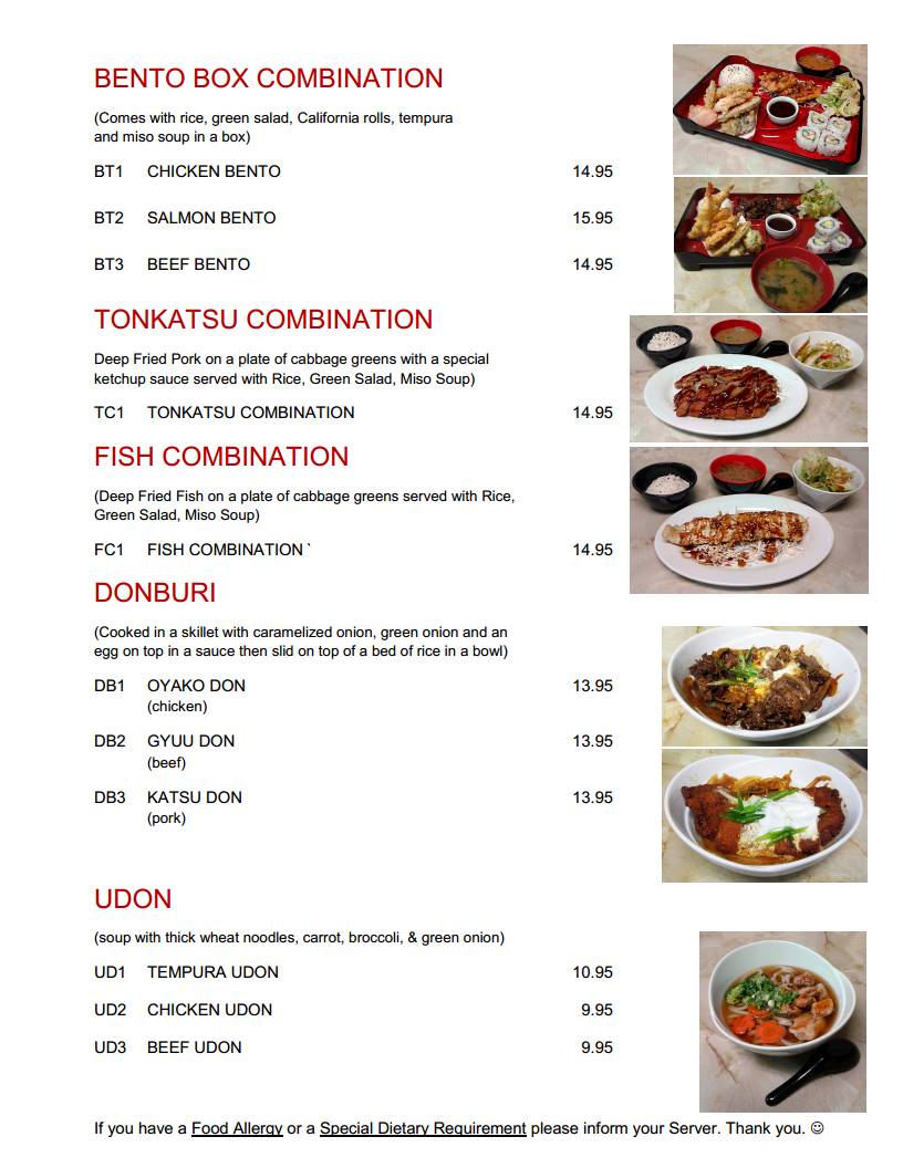 Menu at Osaka restaurant, Sundre