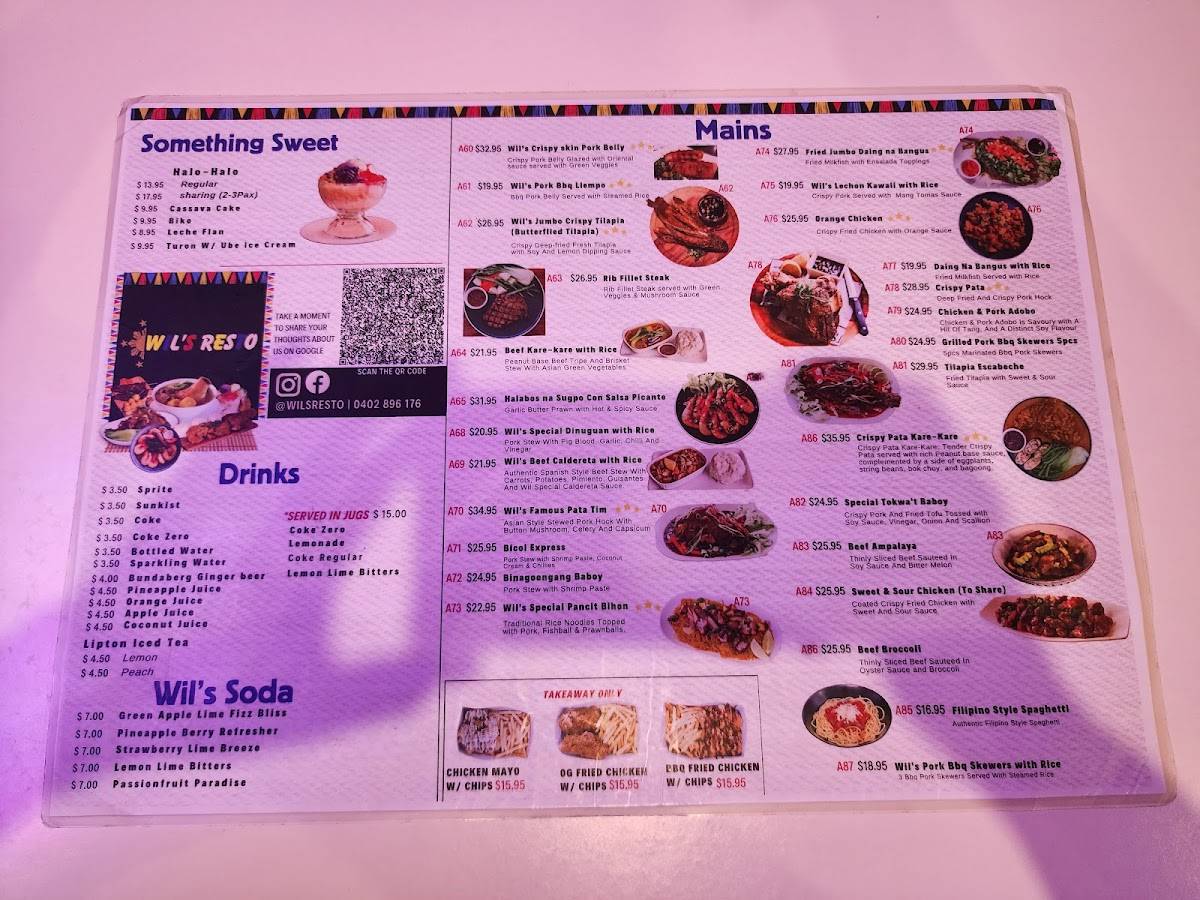 Menu at Wil's Resto restaurant, Sunnybank