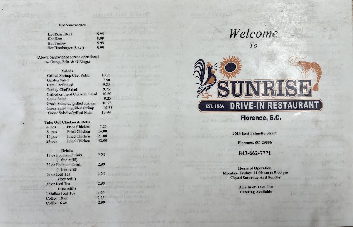 Menu at Sunrise Drive-In restaurant, Florence