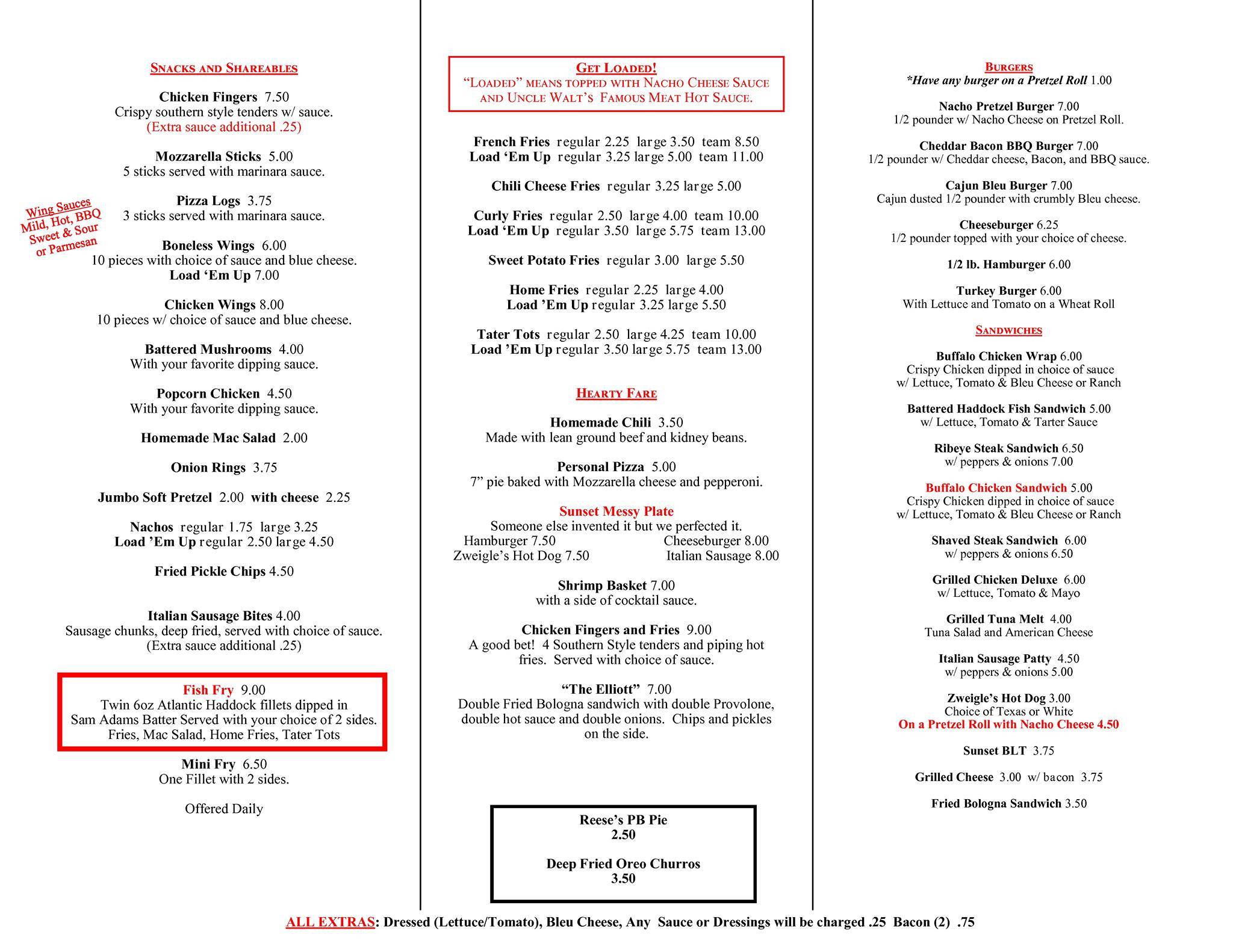 Menu at Sunset Lanes, Rochester