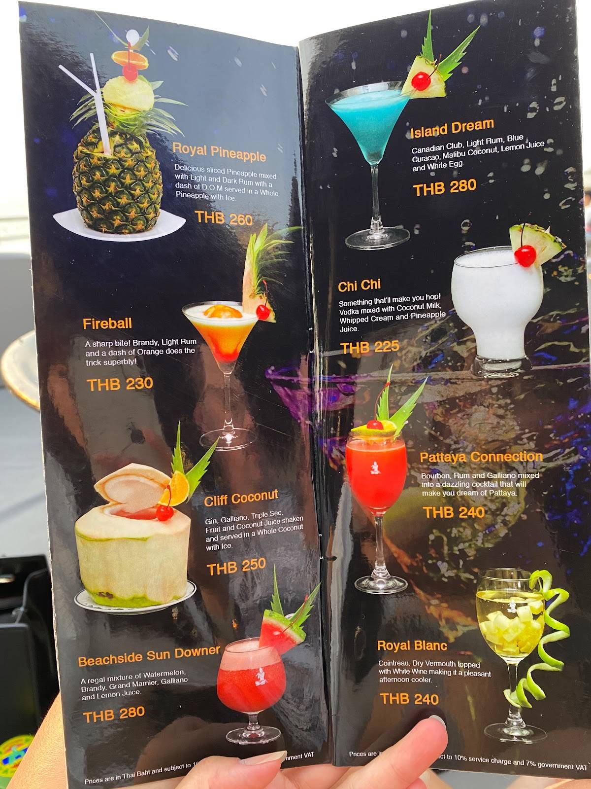 Menu at Sunset beach terrace and bar, Pattaya City