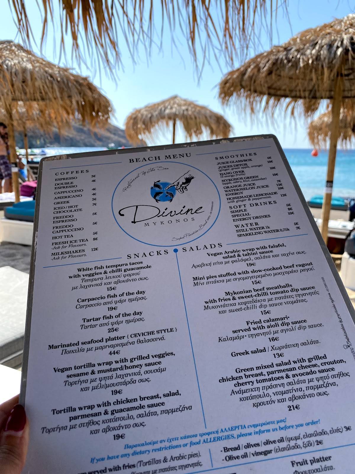 Menu at Super Paradise Beach Club, Mikonos, Super Paradise Beach
