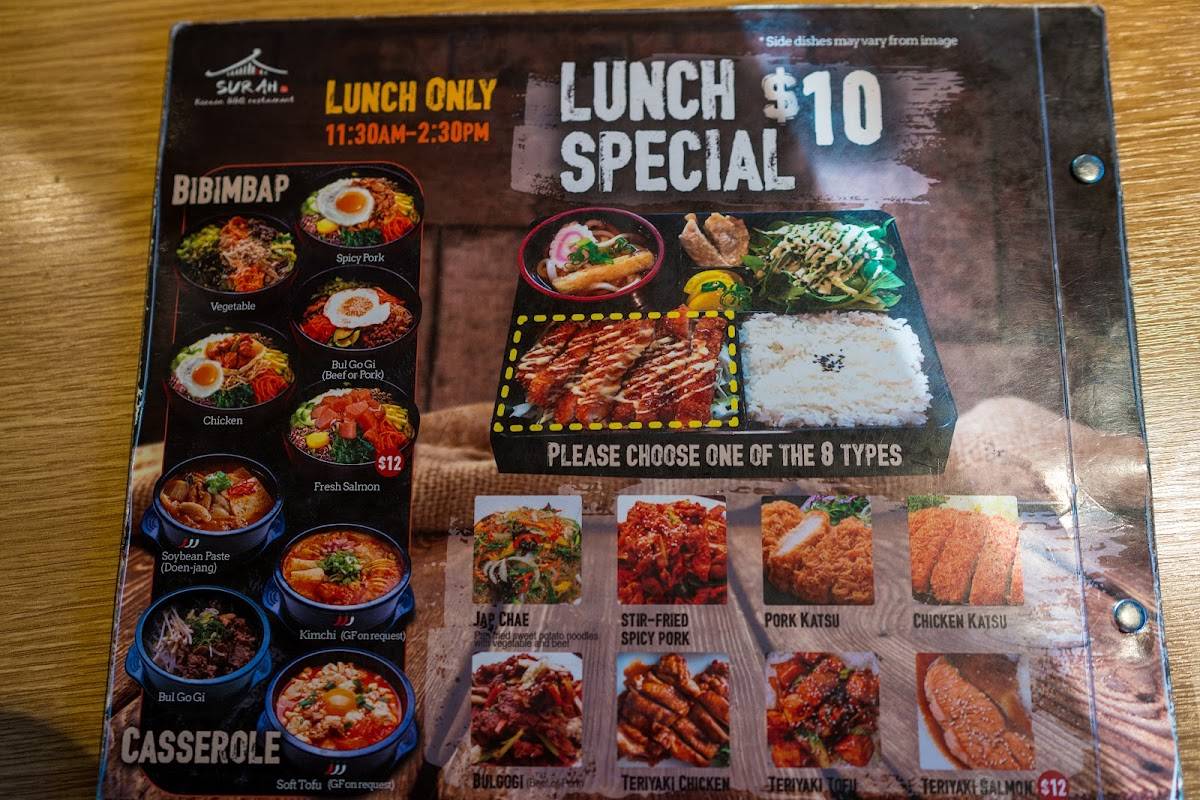 Menu at Surah Korean BBQ, Nowra