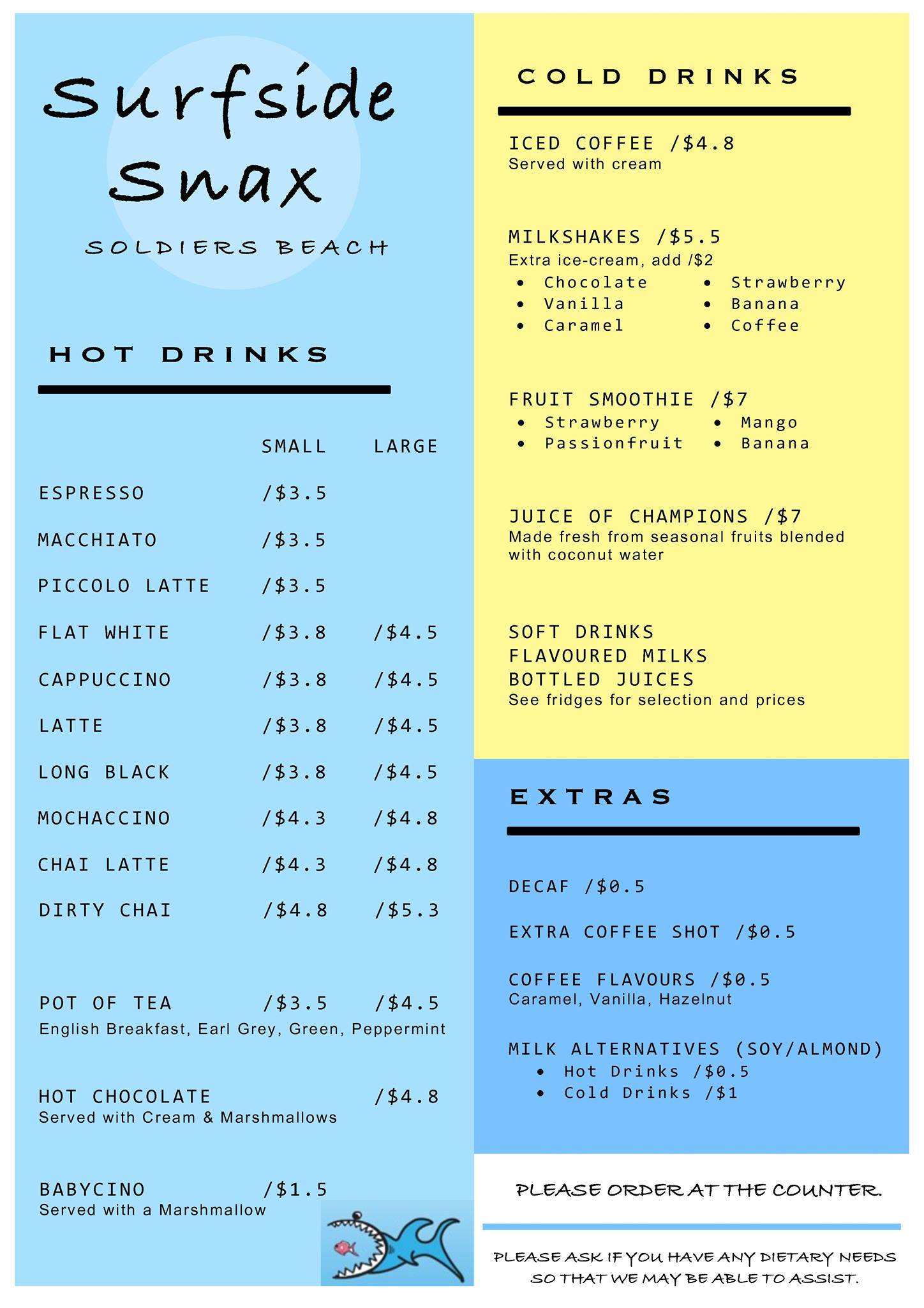 Menu at Surfside Snax cafe, Norah Head