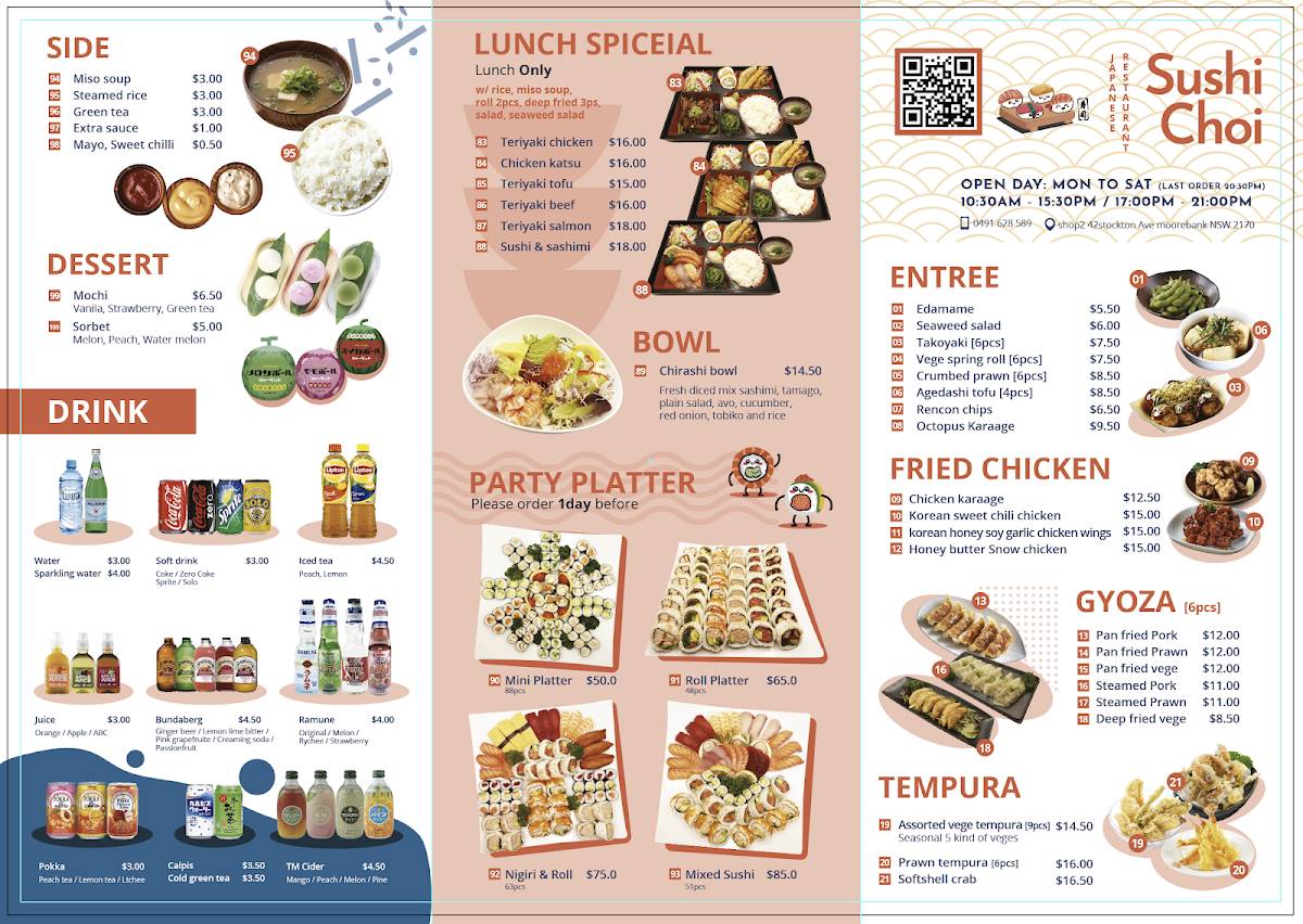 Menu at Sushi Choi restaurant, Moorebank