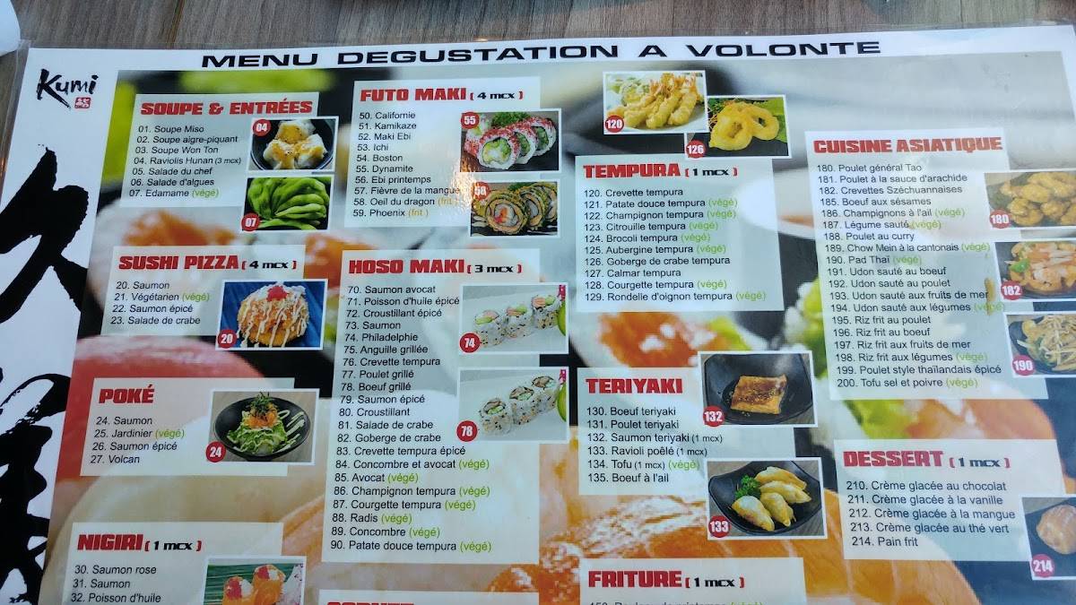 Menu au Sushi Kumi restaurant, Québec, 815 Bd Lebourgneuf