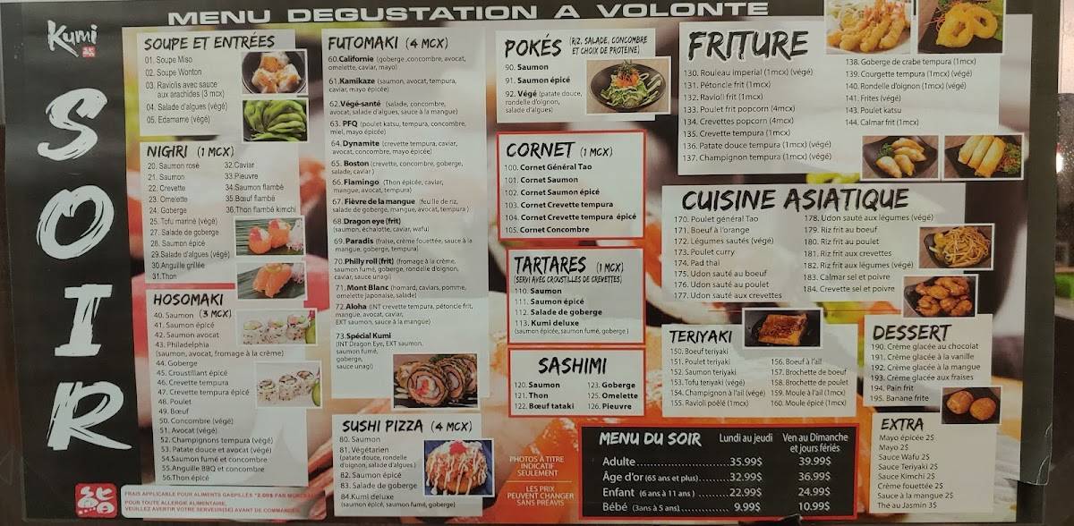 Menu au Sushi Kumi restaurant, Québec, 815 Bd Lebourgneuf