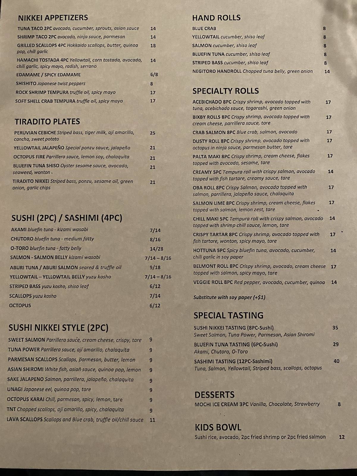 Menu at Sushi Nikkei restaurant, Long Beach, Atlantic Ave