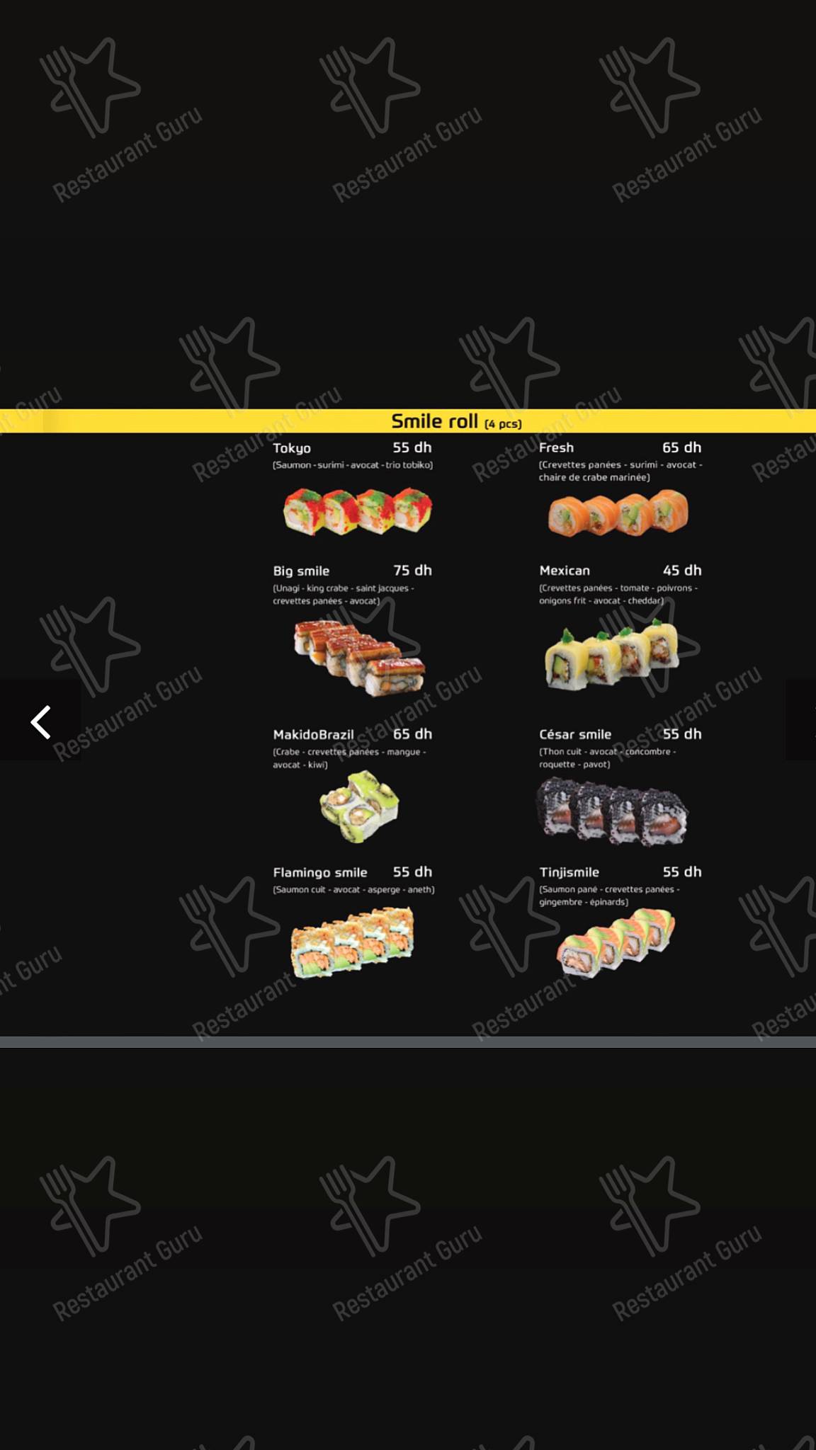 Menu au Sushi Smile by elite restaurant, Tanger, Rue Ibn Aajeroume