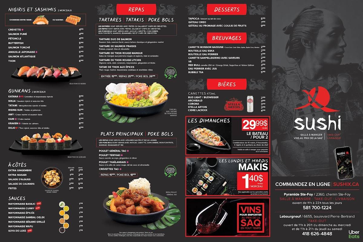 Menu au Sushi X Pyramide restaurant, Québec