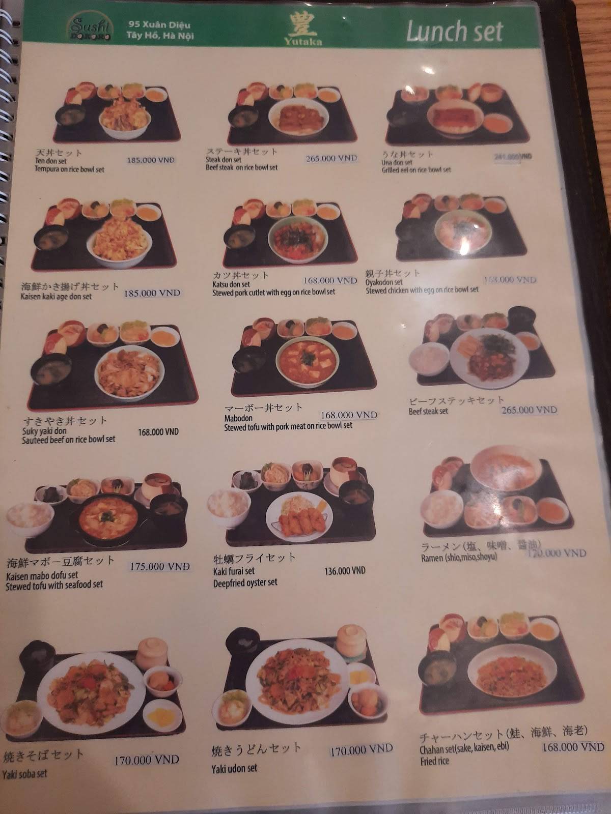 Menu at Sushidokoro Yutaka Restaurant, Hanoi