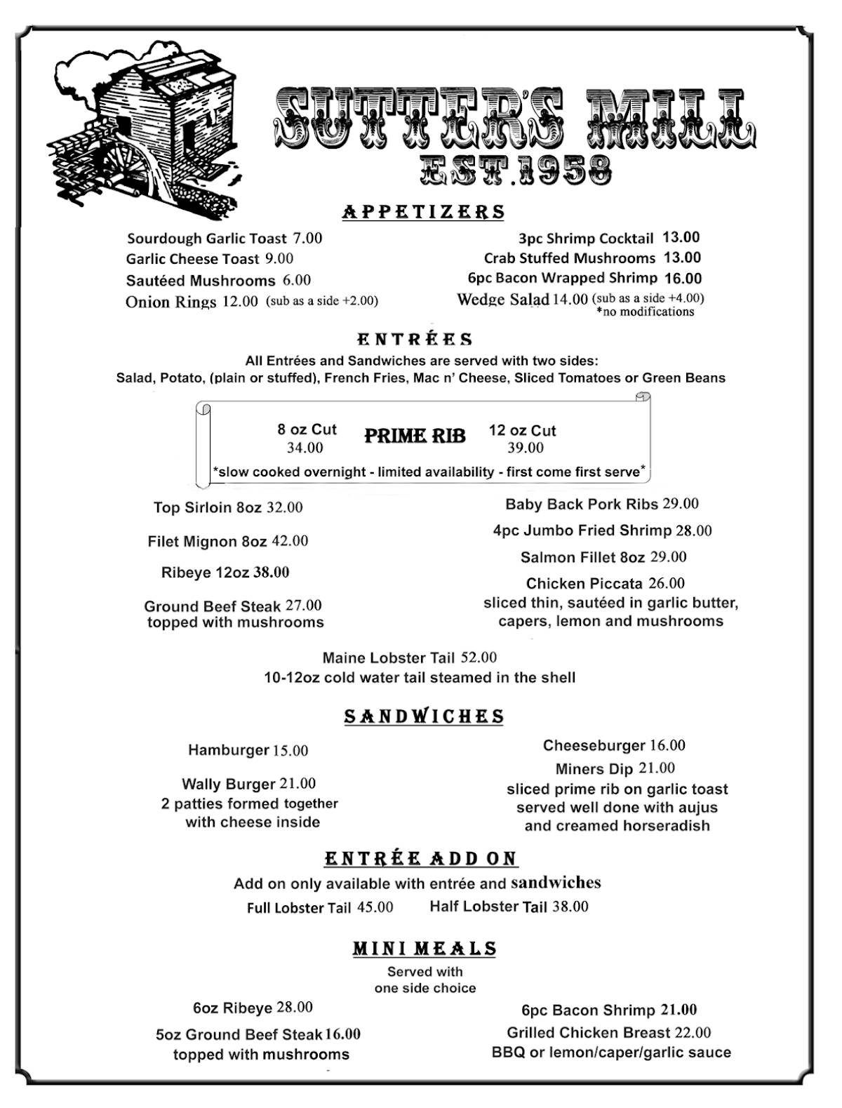 Menu at Sutter's Mill Restaurant, Simi Valley