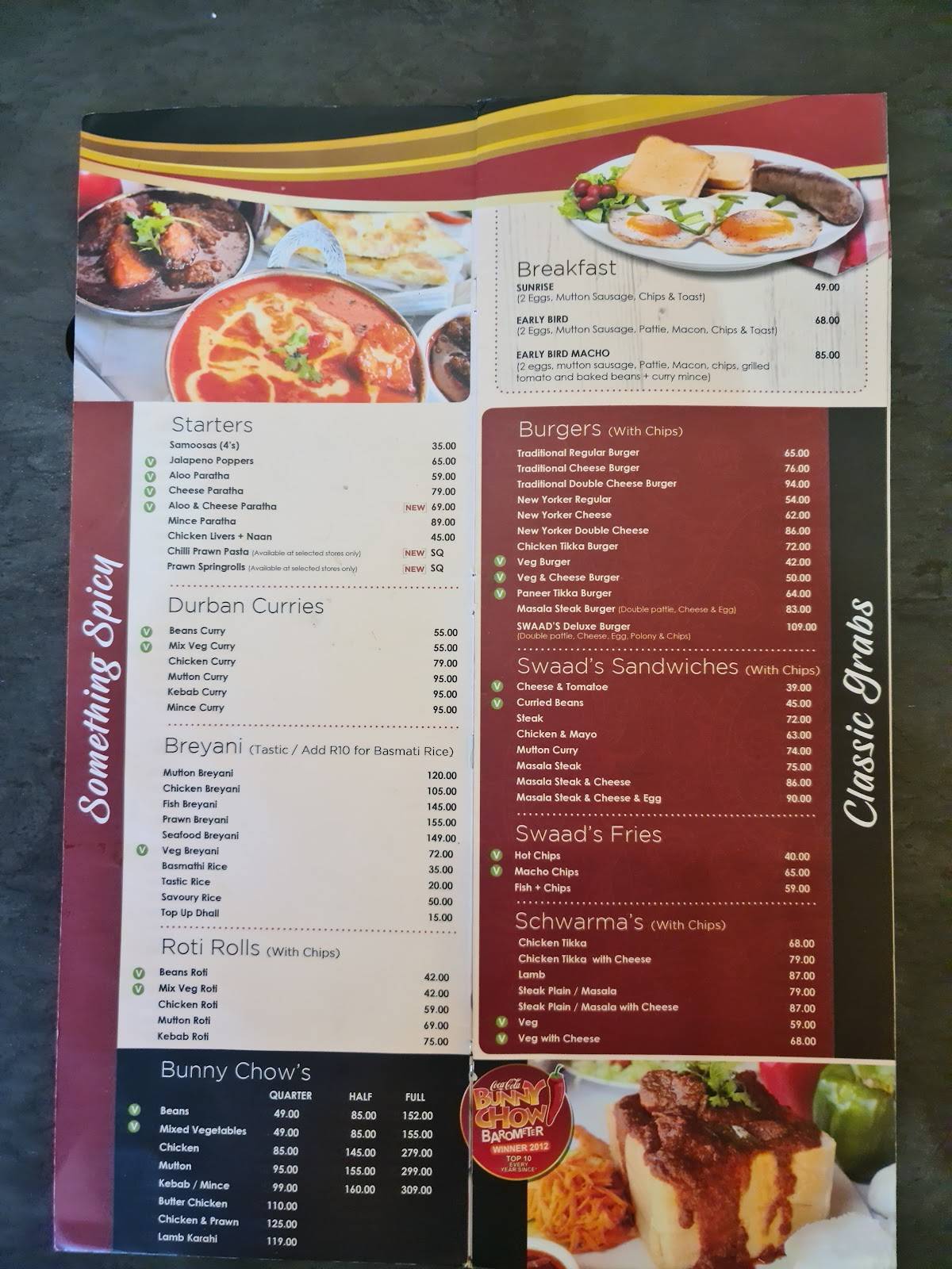 Menu at Swaadisht Foods New Germany restaurant, Durban, 10 Shepstone Road