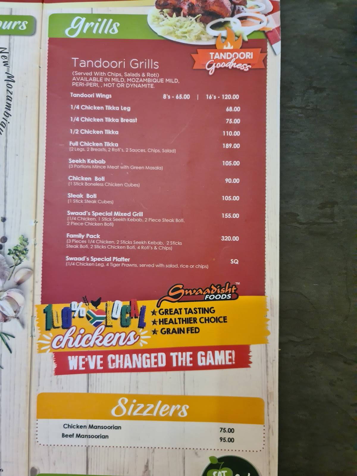 Menu at Swaadisht Foods New Germany restaurant, Durban, 10 Shepstone Road